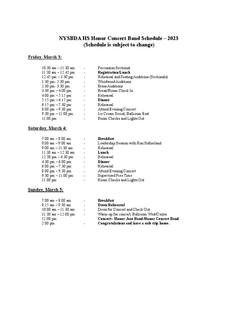 2023 NYSBDA Honor Concert Band Schedule | PDF