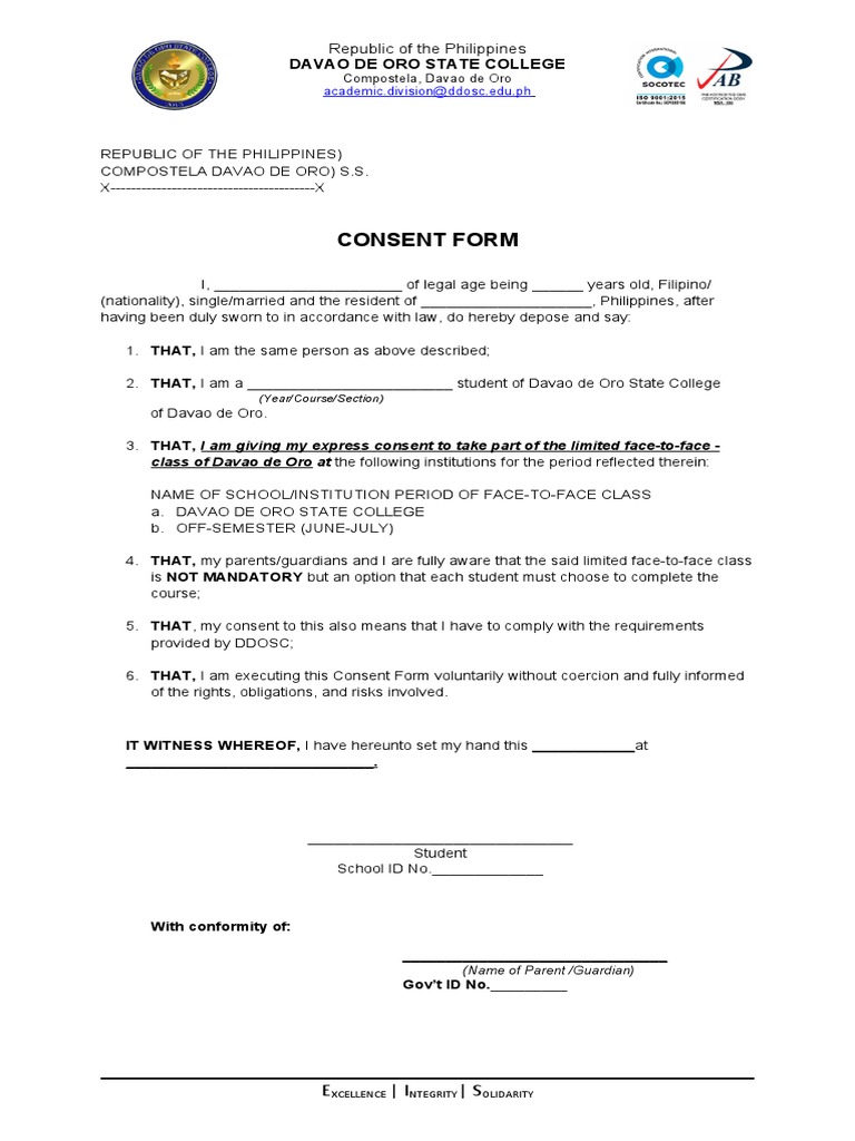 Davao de Oro State College Consent Form | PDF | Justice | Crime & Violence