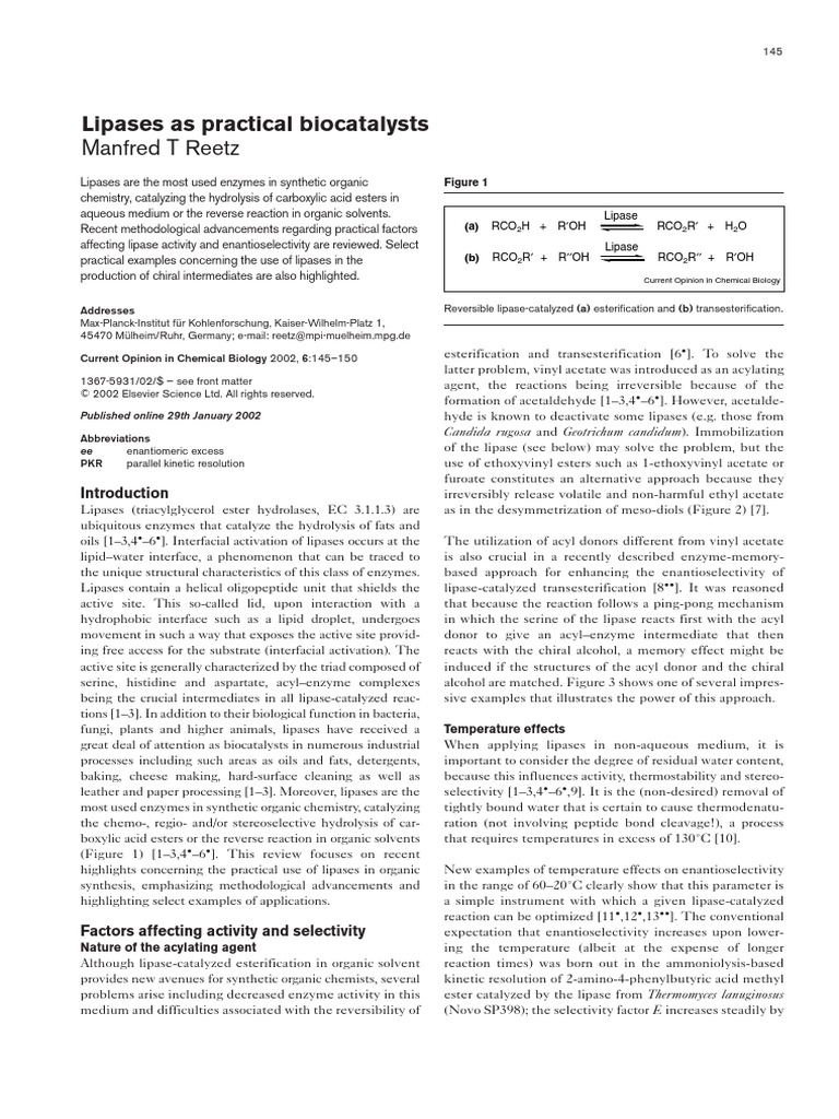 Manfred T Reetz: Lipases As Practical Biocatalysts | PDF | Catalysis ...