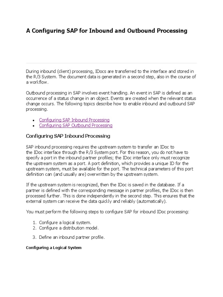 A Configuring SAP For Inbound and Outbound Processing | PDF | Load ...