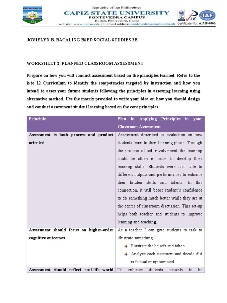 Principle Plan in Applying Principles in Your Classroom Assessment ...