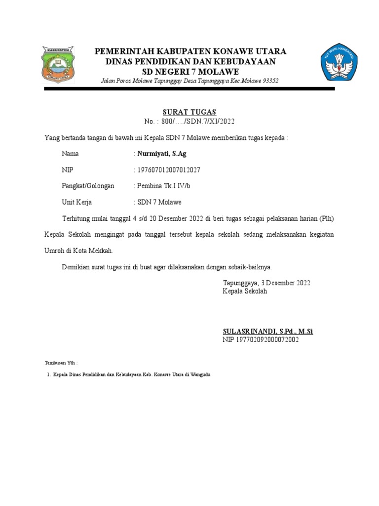 Surat Tugas PLH Kepala Sekolah | PDF
