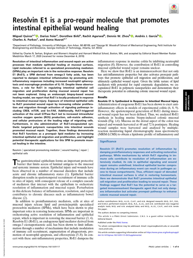 Resolvin E1 Is A Pro-Repair Molecule That Promotes Intestinal ...