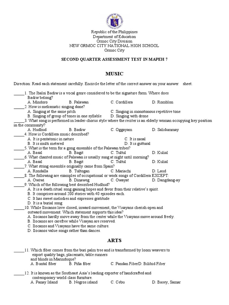MAPEH 7 Second Quarter Assessment Test | PDF | Foods | Nutrition