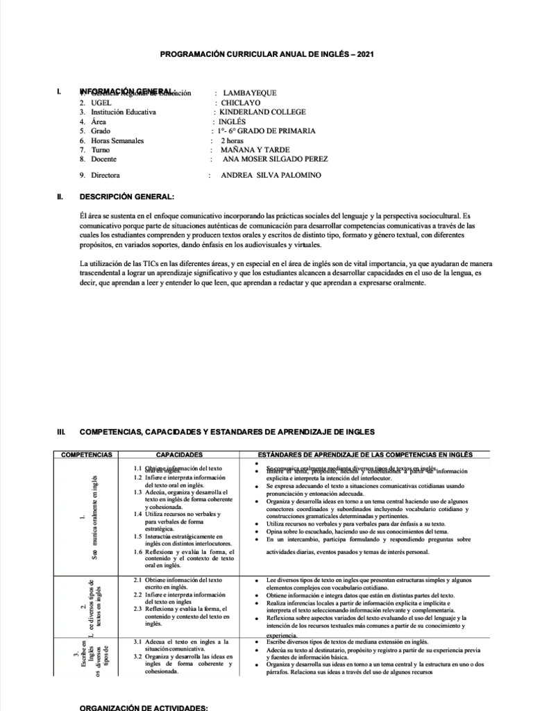 Programacion Curricular Anual de Ingles Primaria | PDF