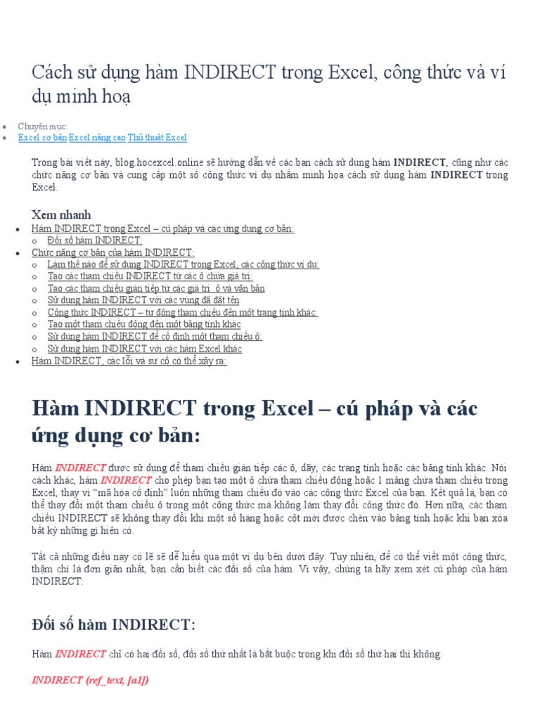 Cách S D NG Hàm INDIRECT Trong Excel | PDF