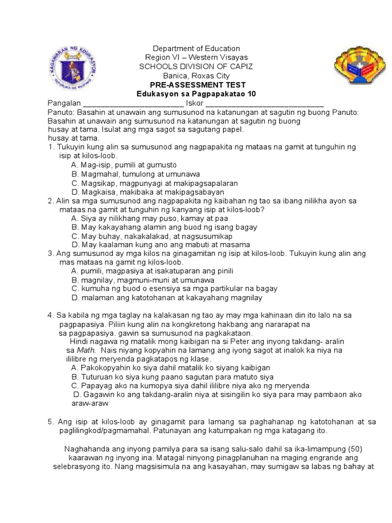 PRE-TEST IN EsP 10 | PDF