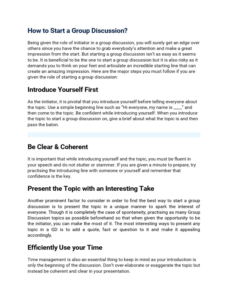 How To Start A Group Discussion | PDF | Stuttering | Knowledge