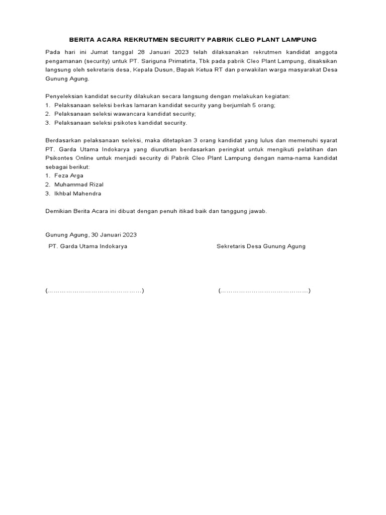 BERITA ACARA REKRUTMEN SECURITY PABRIK CLEO PLANT LAMPUNG | PDF