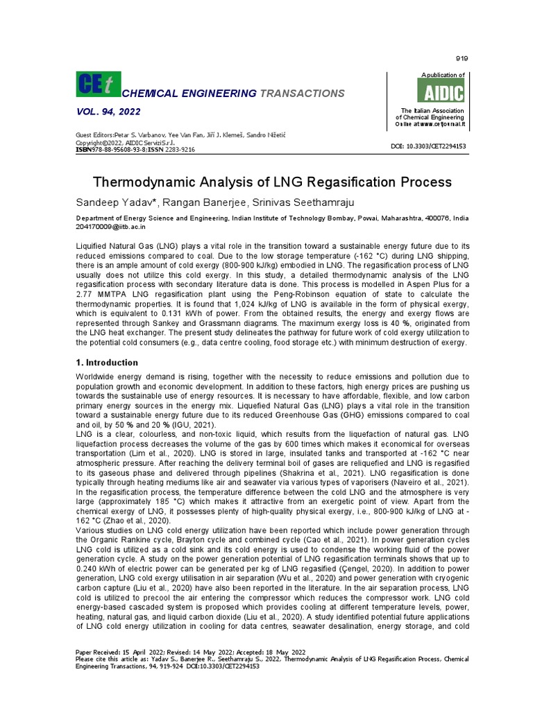 Thermodynamic Analysis of LNG Regasification Process: Chemical Engineering | PDF | Exergy ...