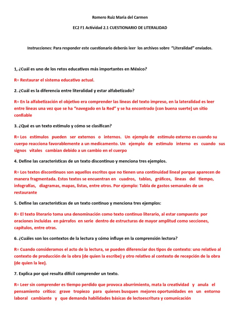 Cuestionario de Literalidad | Descargar gratis PDF | Comprensión lectora | Mente