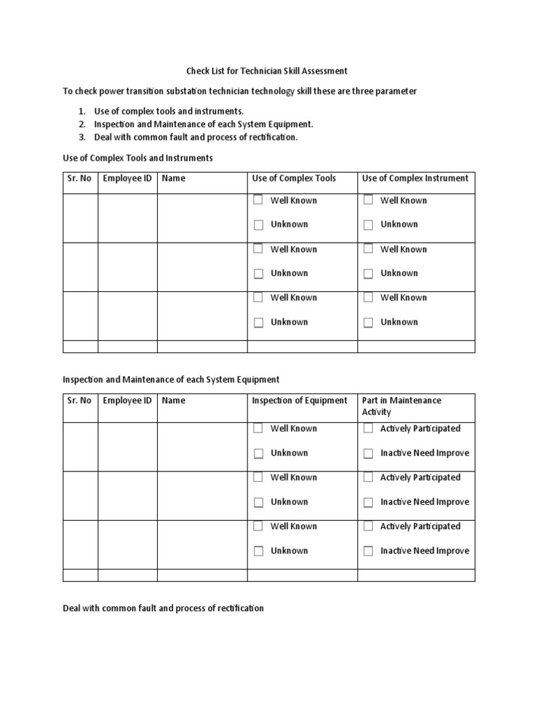 Technician Skill Assessment Checklist | PDF