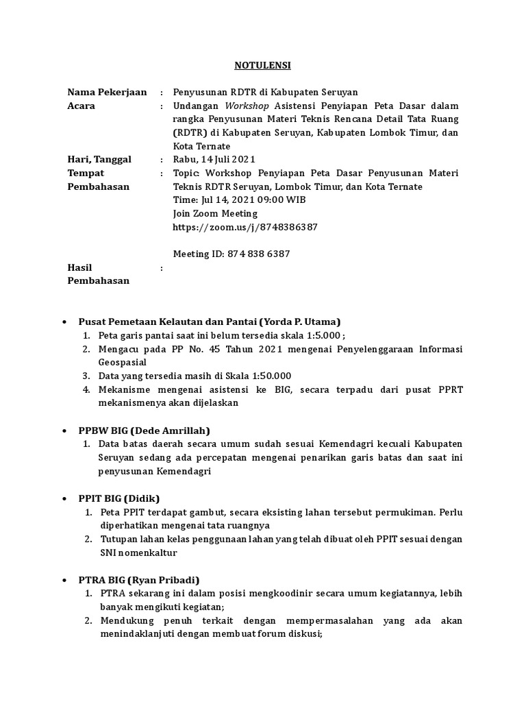 Notulensi Workshop Asistensi Penyiapan Peta Dasar Dalam Rangka Penyusuan Matek RDTR Di Kabupaten ...