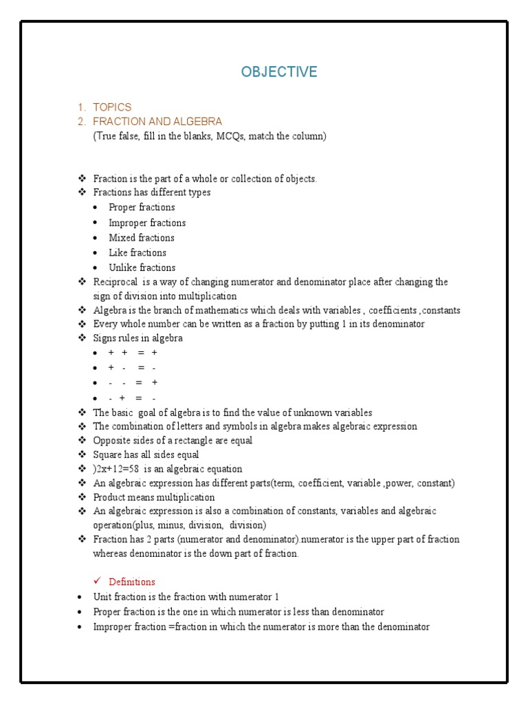 Objective: 1. Topics 2. Fraction and Algebra | PDF