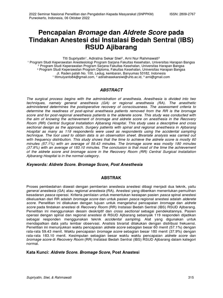 Bromage and Aldrete Score Outcomes | PDF | Anesthesia | Surgery