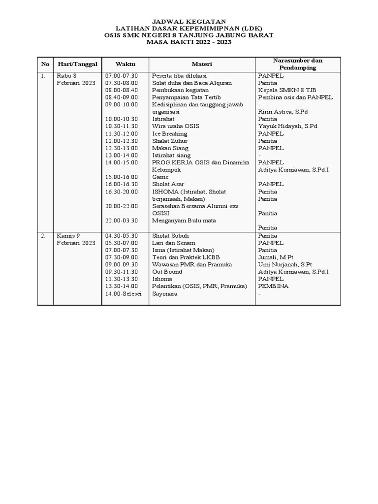 Jadwal LDK OSIS SMK 2022-2023 | PDF