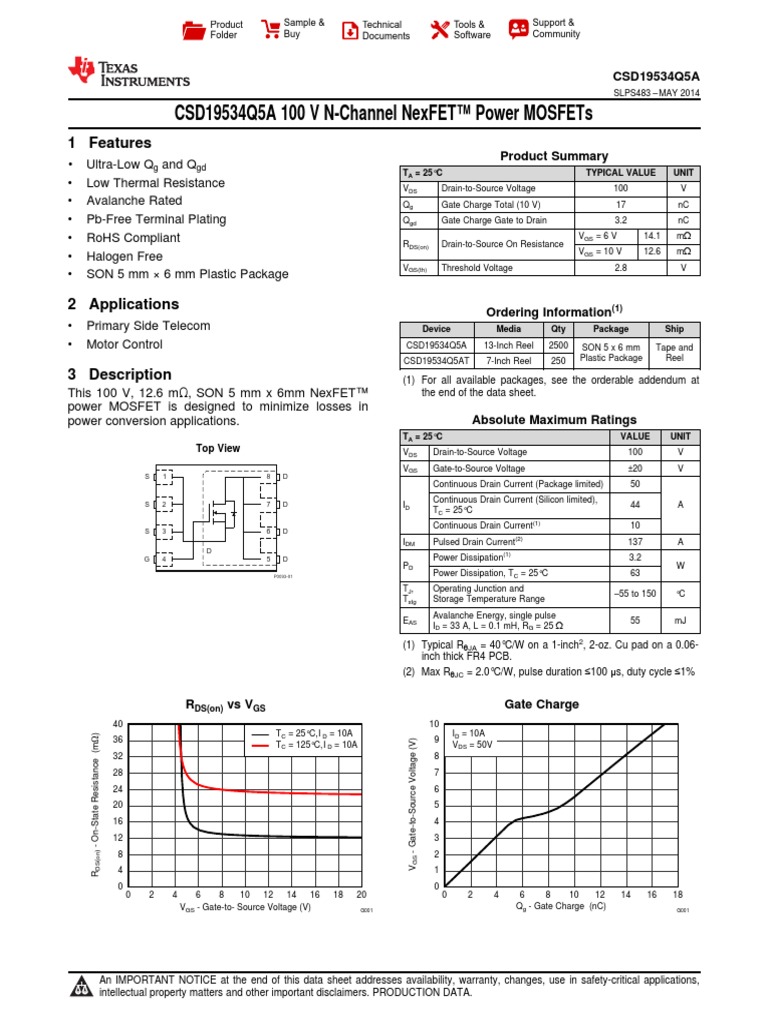 Csd19534Q5A 100 V N-Channel Nexfet™ Power Mosfets: 1 Features | PDF ...