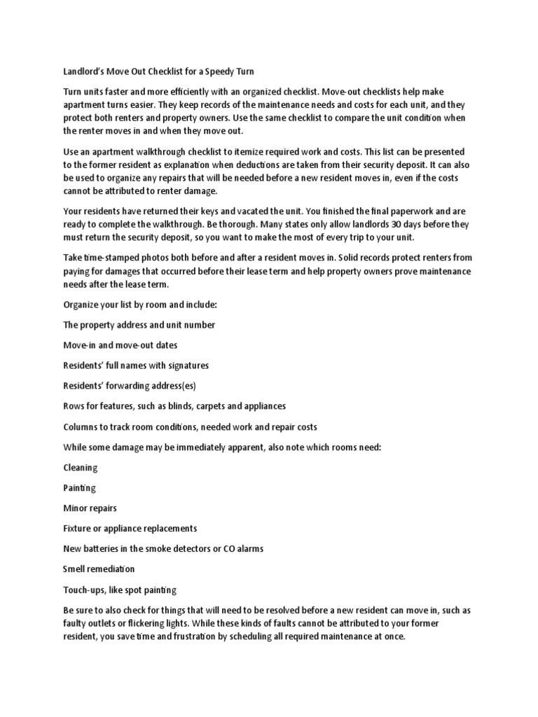 Pre Turn Move Out Checklist | PDF | Bathroom | Kitchen
