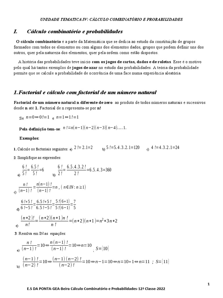 Cálculo Combinatório e Probabilidades-12 Classe-2021-1 | PDF ...