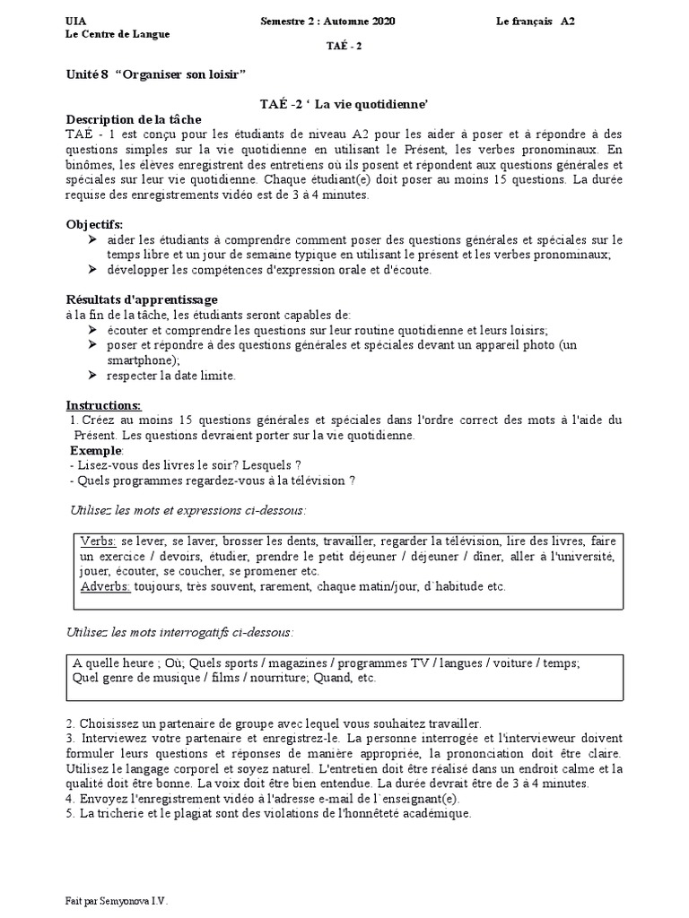 TAE 3 - La Vie Quotidienne | PDF | Sciences cognitives | Cognition