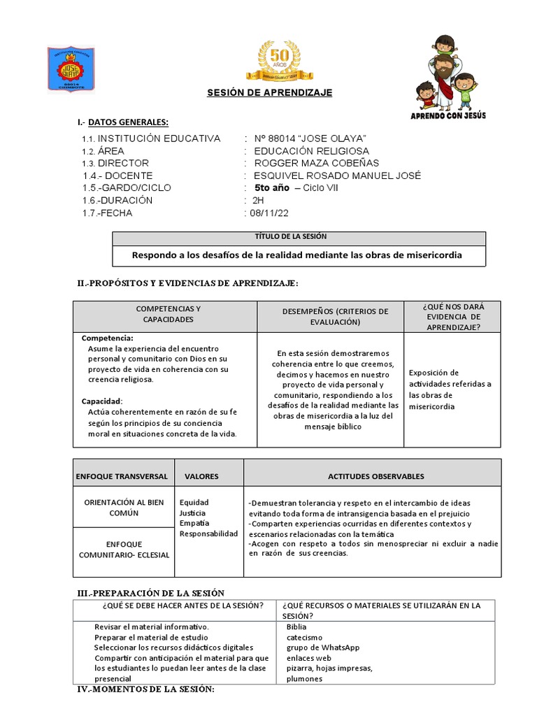 Sesion Obras de Misericordia 5to | PDF | Maestros | Aprendizaje