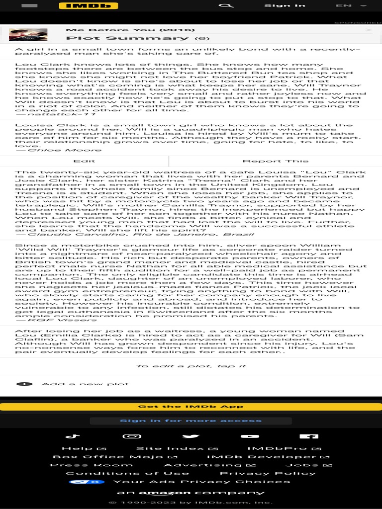 Me Before You (2016) - Plot Summary - IMDb | PDF