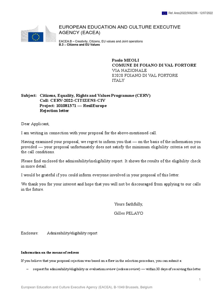 Rejection Decision Information Letter | PDF | European Union | Public Law