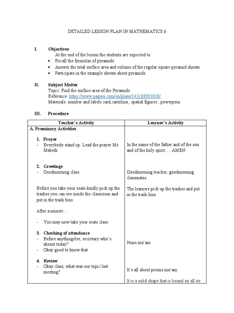 DETAILED LESSON PLAN IN MATHEMATICS 6 Orig | PDF | Area | Triangle