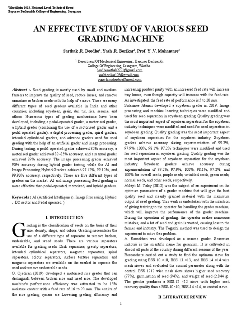 An Effective Study of Various Seed Grading Machines | PDF | Wheat | Maize