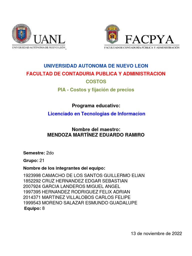Pia Gpo21 (Equipo 7) | PDF | Contabilidad de costos | Costo