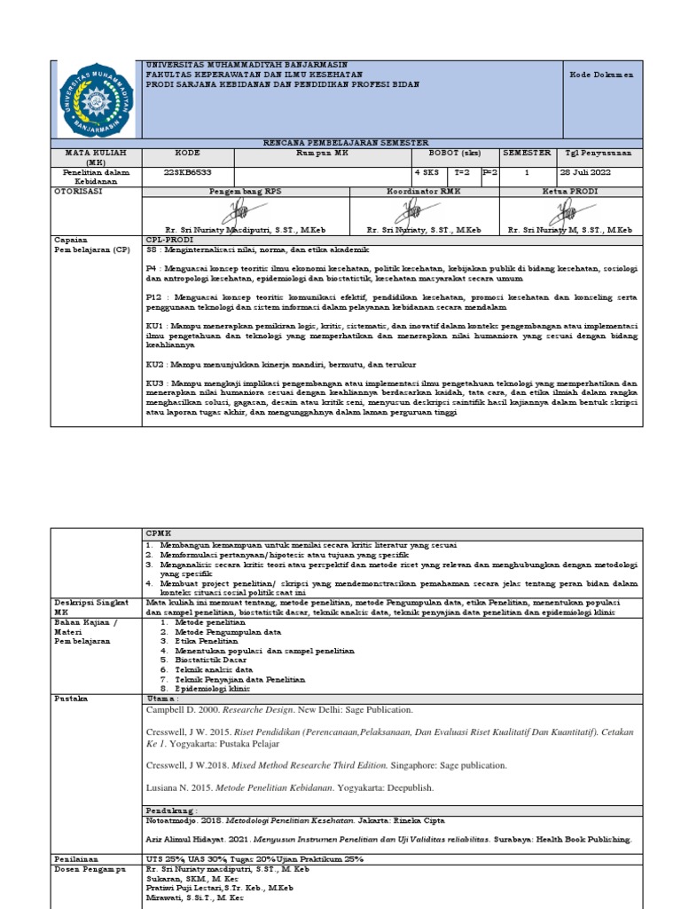 Fixed RPS Penelitian Kebidanan S1 2022.2023 | PDF | Seni | Komputer