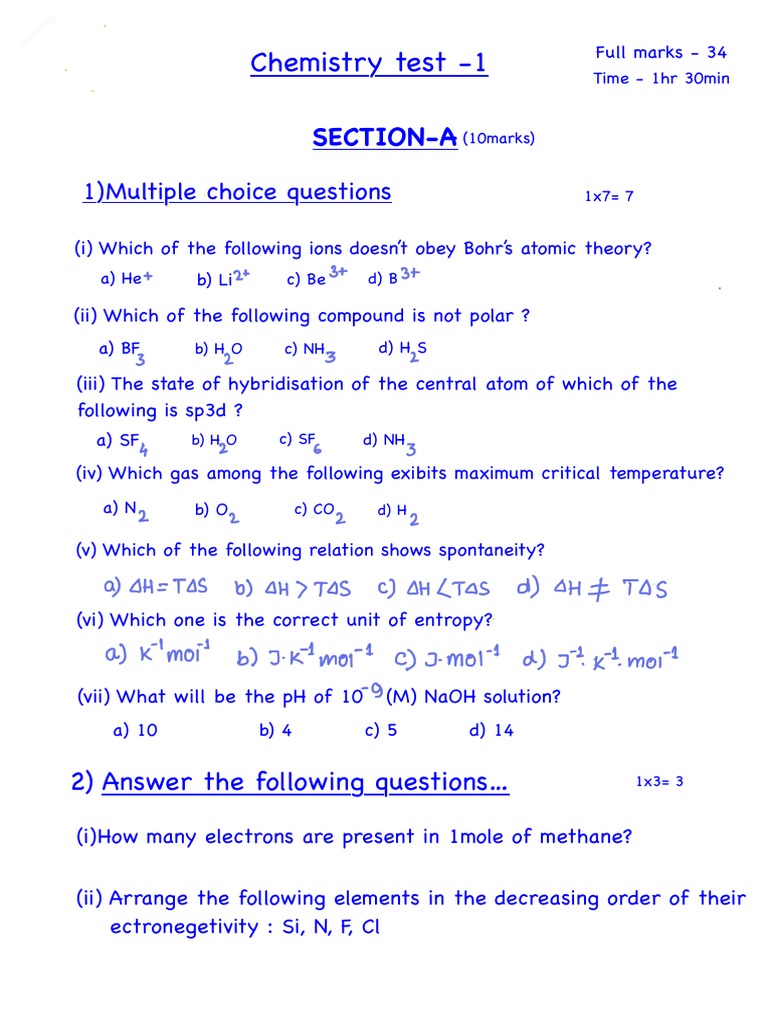 Chemistry Test - 1: Section-A | PDF | Ammonia | Solubility