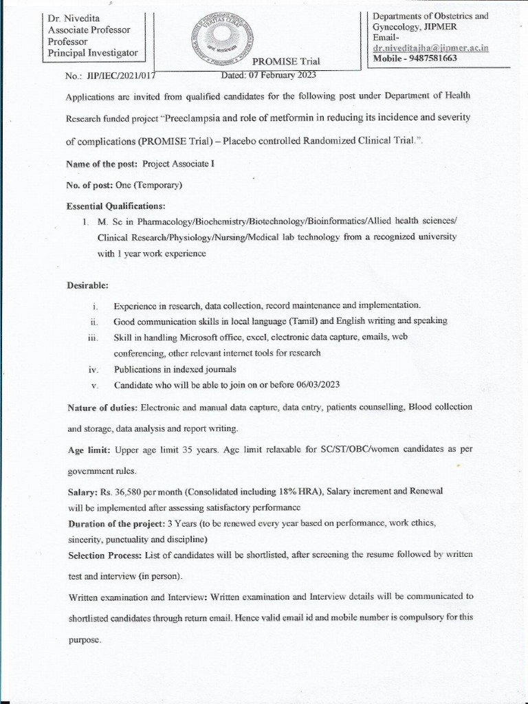 JIPMER Project Associate Post Notification and Application Form | PDF