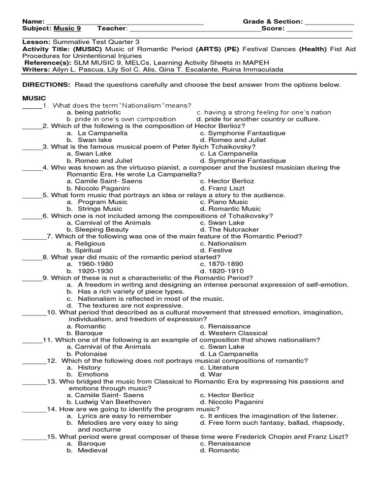 Music, Arts, and Physical Education: A Summative Assessment Covering ...