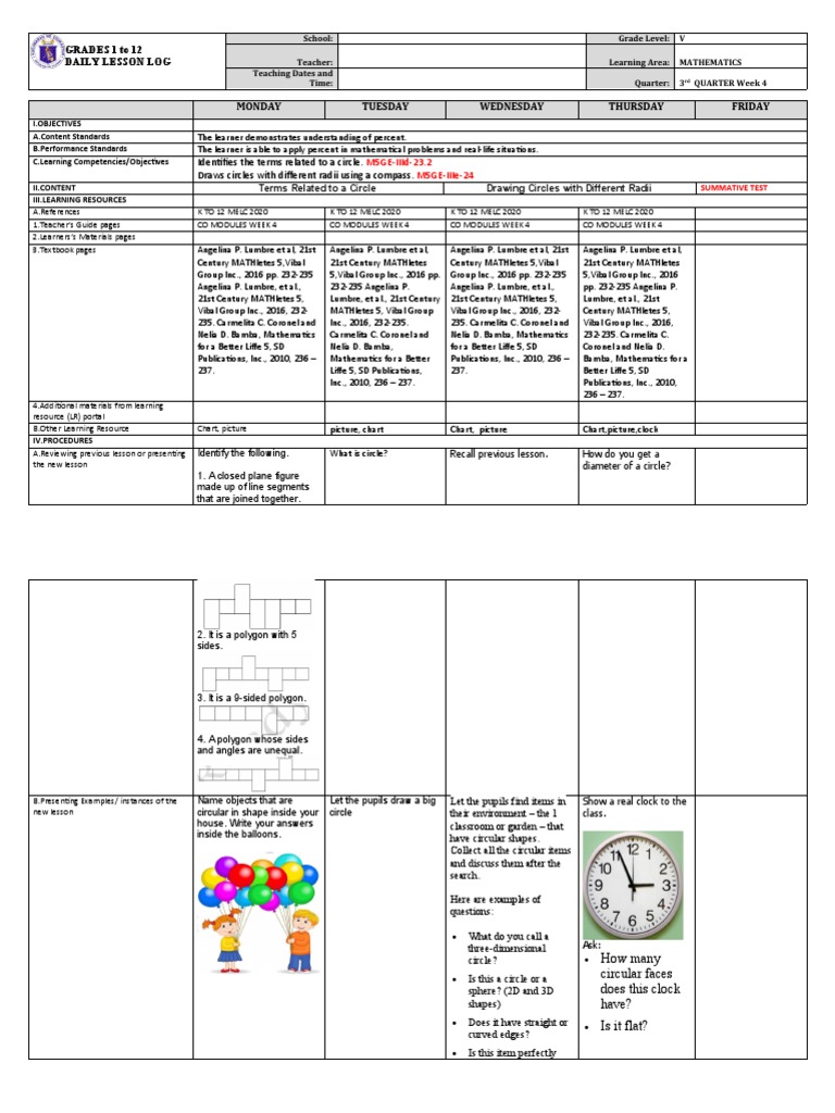 DLL Math-5 Q3 W4 | PDF | Circle | Radius