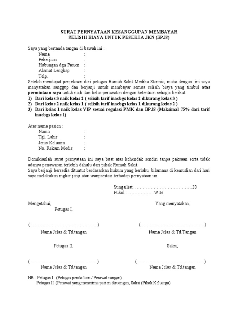 Surat Kesanggupan Bayar Selisih JKN | PDF | Hukum