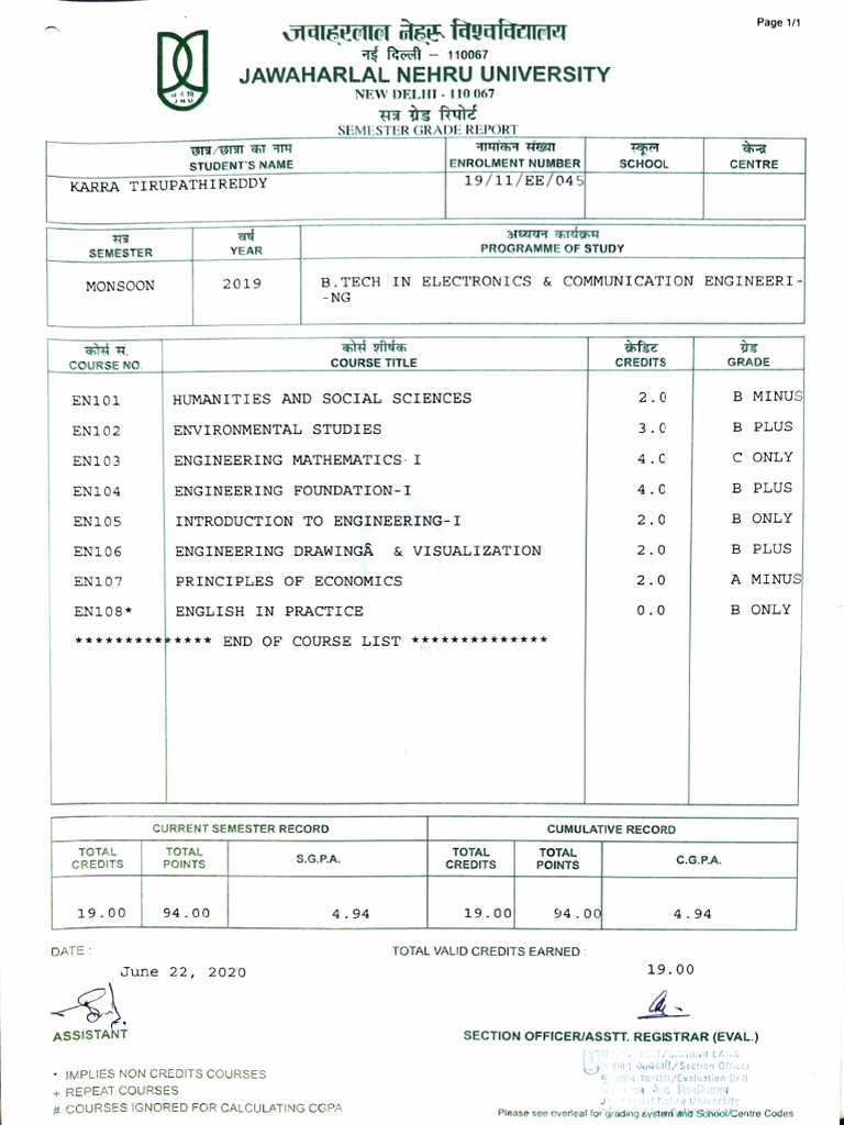 JNU Semester Grade Report | PDF | Electronics | Electrical Engineering