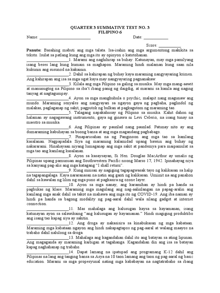 Q3 Weekly Test 3 Filipino 6 | PDF