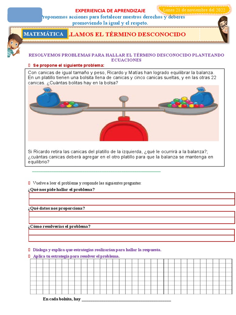 D1 A2 FICHA Hallamos El Término Desconocido | PDF | Ecuaciones | Balanza