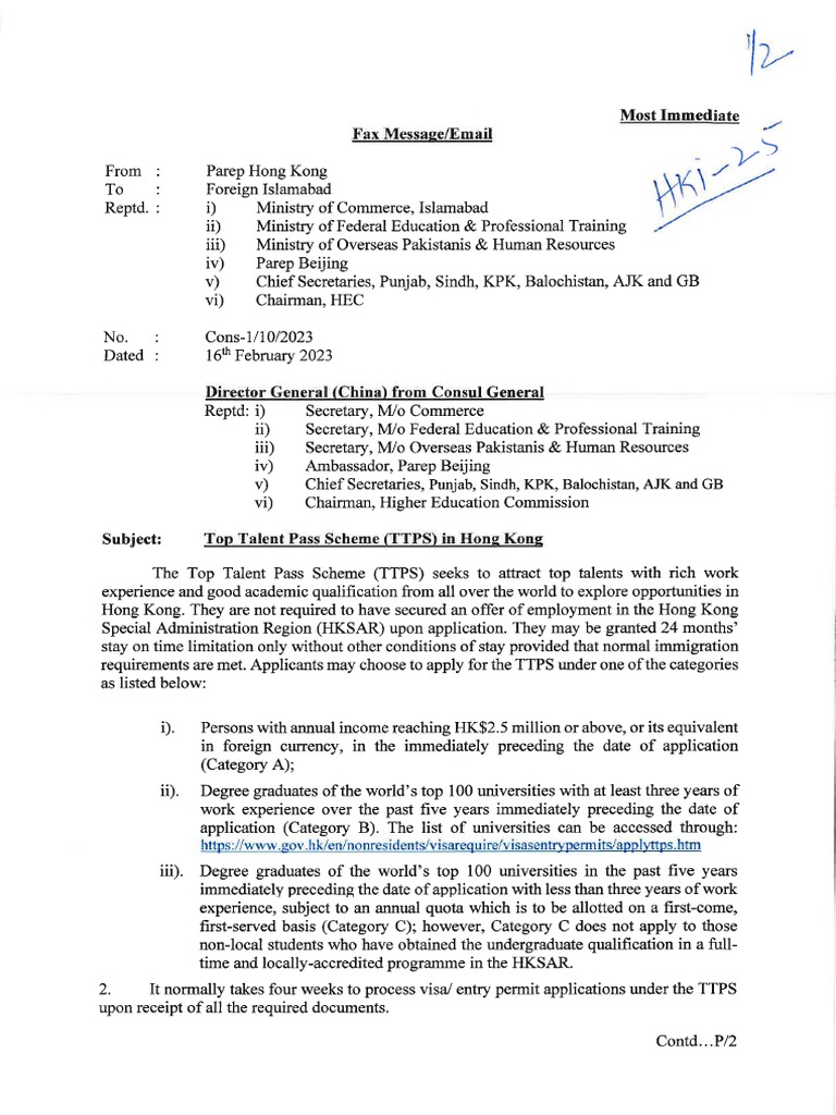 Top Talent Pass Scheme TTPS in Hong Kong | PDF