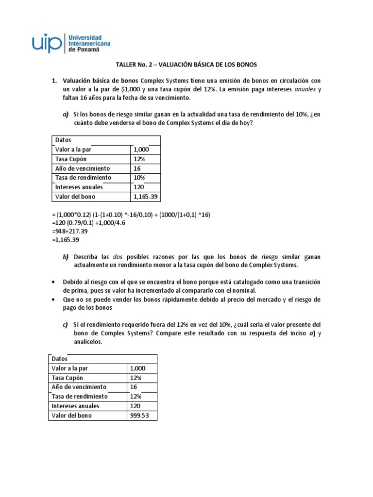 TALLER No 2 Valuación Básica de Bonos | PDF | Bonos (Finanzas) | Economias