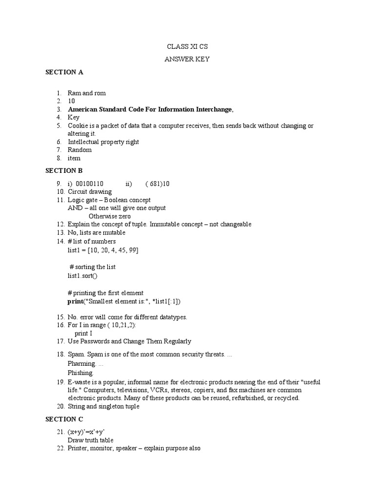 Class Xi CS - Answer Key | PDF | Cybercrime | Information Technology Class Xi CS - Answer Key | PDF | Cybercrime | Information Technology