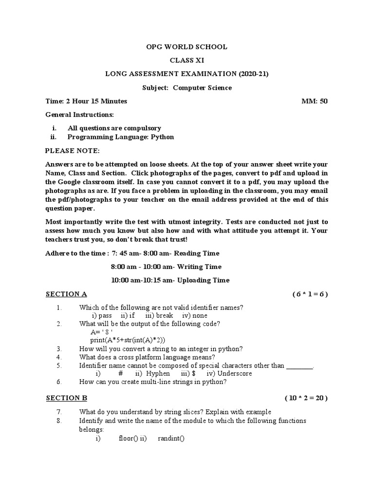 Xi Cs Long Assessment Final Pdf String Computer Science Python Programming Language