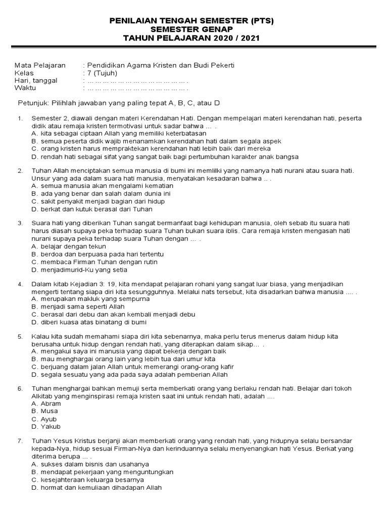 Soal PTS Pend. Agama Kristen Kelas 7 Semester 2 Tahun 2020-2021 | PDF ...
