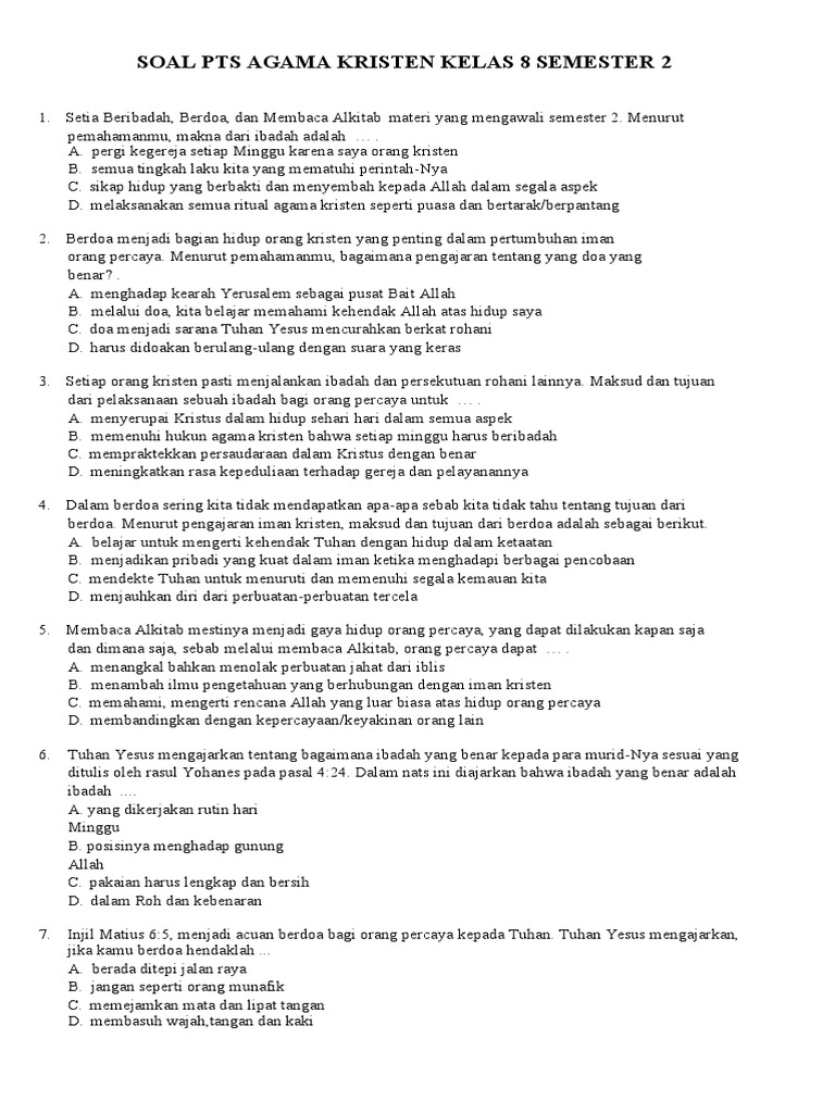 Soal PTS Agama Kristen SMP Kelas 8 Semester 2 - WWW - Kherysuryawan.id | PDF