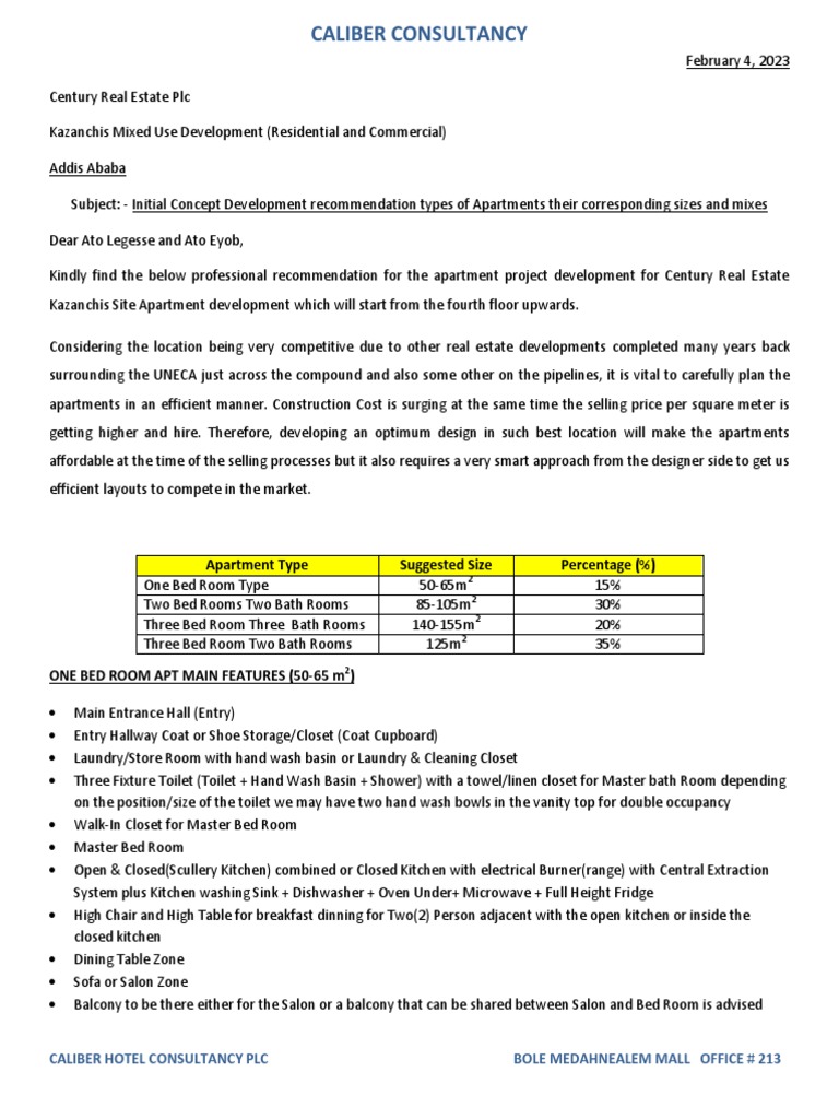 Main Apartment Types Features Cre - Kazanchis | PDF