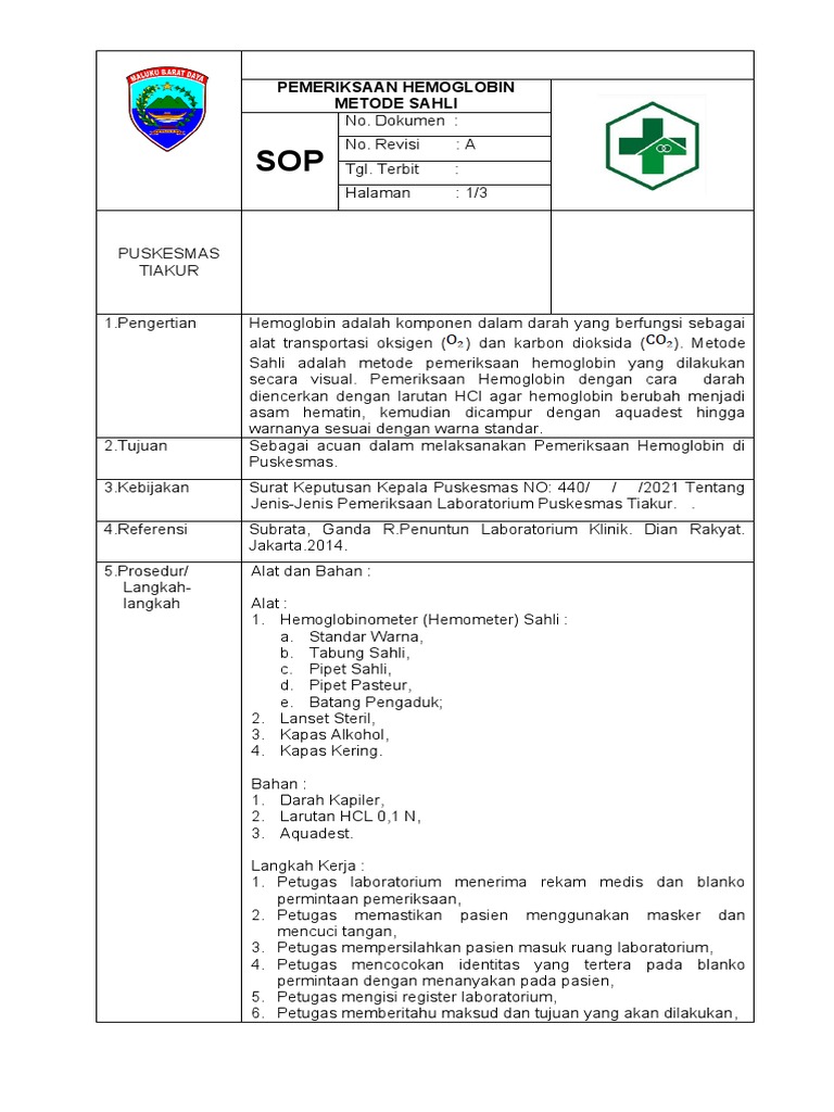 Prosedur Pemeriksaan Hemoglobin Metode Sahli | PDF