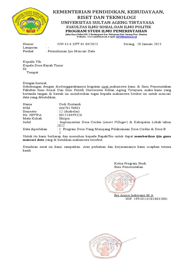 Contoh Surat Mencari Data Ilmu Pemerintahan | PDF