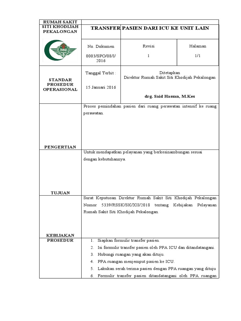 SPO Transfer Pasien Dari ICU Ke Unit Lain | PDF | Pengelolaan Keuangan ...