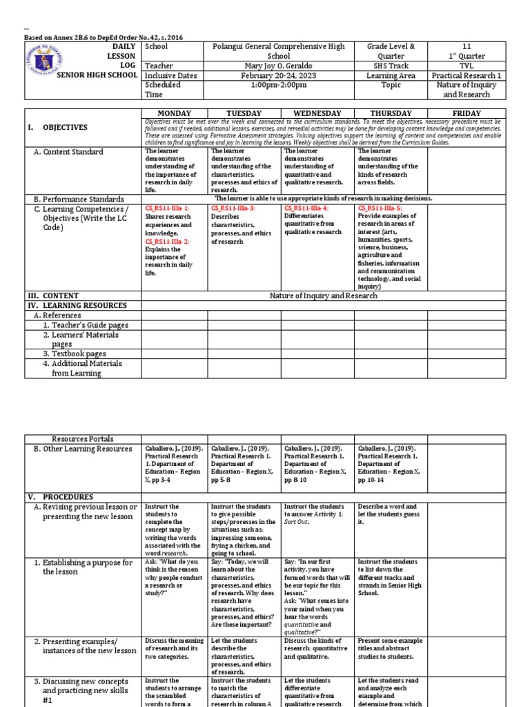 1 Shs Daily Lesson Log DLL Pr1 Feb 20-24 | PDF | Learning | Qualitative Research